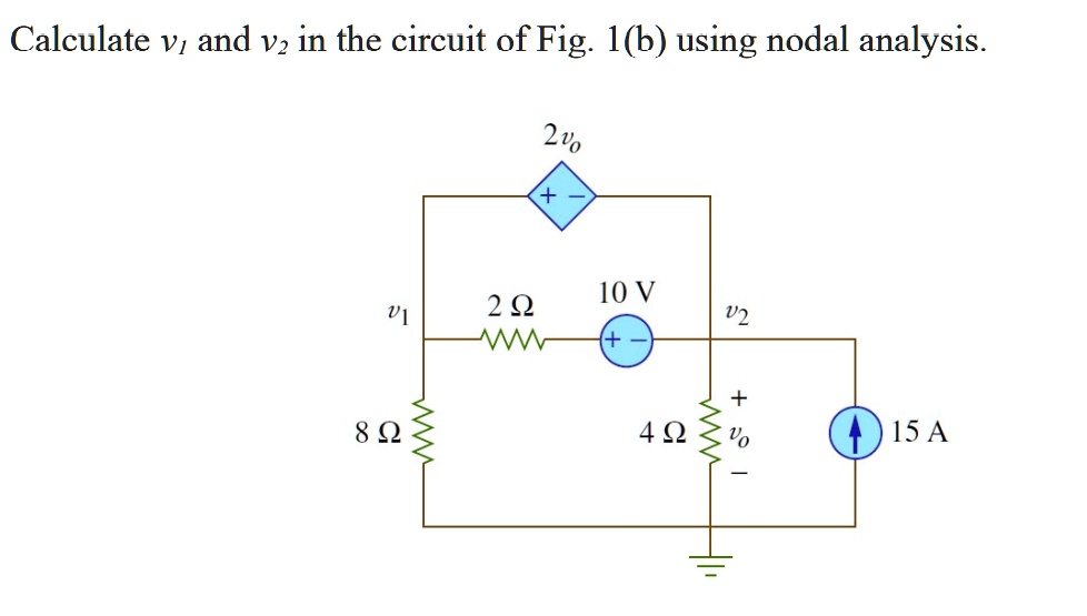 SOLVED: Calculate vi and v in the circuit of Fig. 1(b) using nodal analysis 2v 10V 29 MWM V1 v2 ...