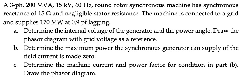 A 3-ph, 200 MVA, 15 kV, 60 Hz, round rotor synchronous machine has ...
