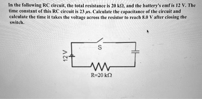 SOLVED: In the following RC circuit, the total resistance is 20 kÎ©, and the battery's emf is 12 ...