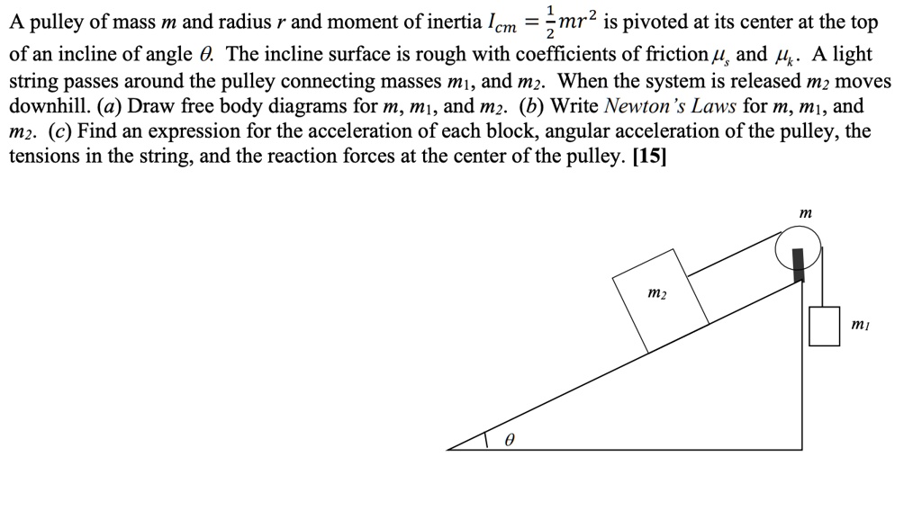 A pulley of mass m and radius r and moment of inertia Icm = (1)/(2)mr^2 ...