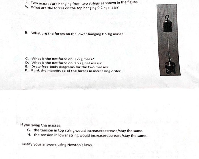 SOLVED: Two masses are hanging from two strings as shown in the figure ...