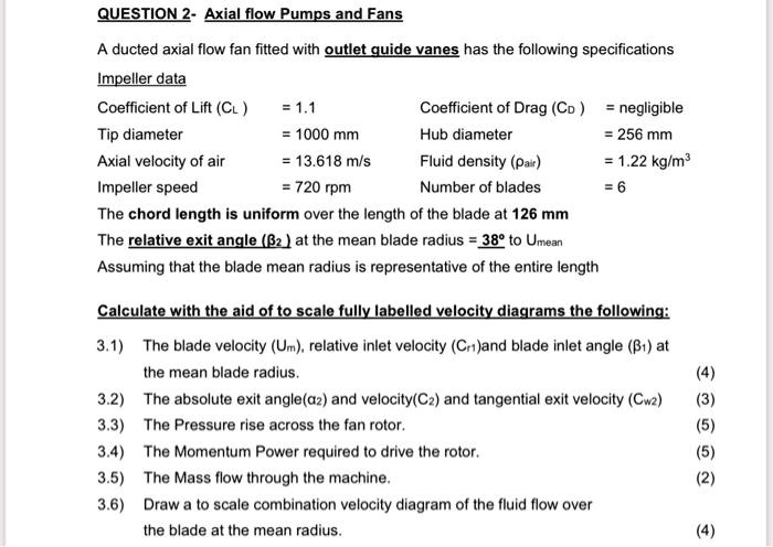 SOLVED: QUESTION 2-Axial flow Pumps and Fans A ducted axial flow fan fitted with outlet guide ...