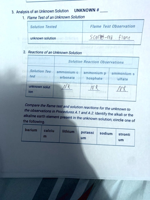 SOLVED: Analysis of an Unknown Solution: Flame Test and Solution ...