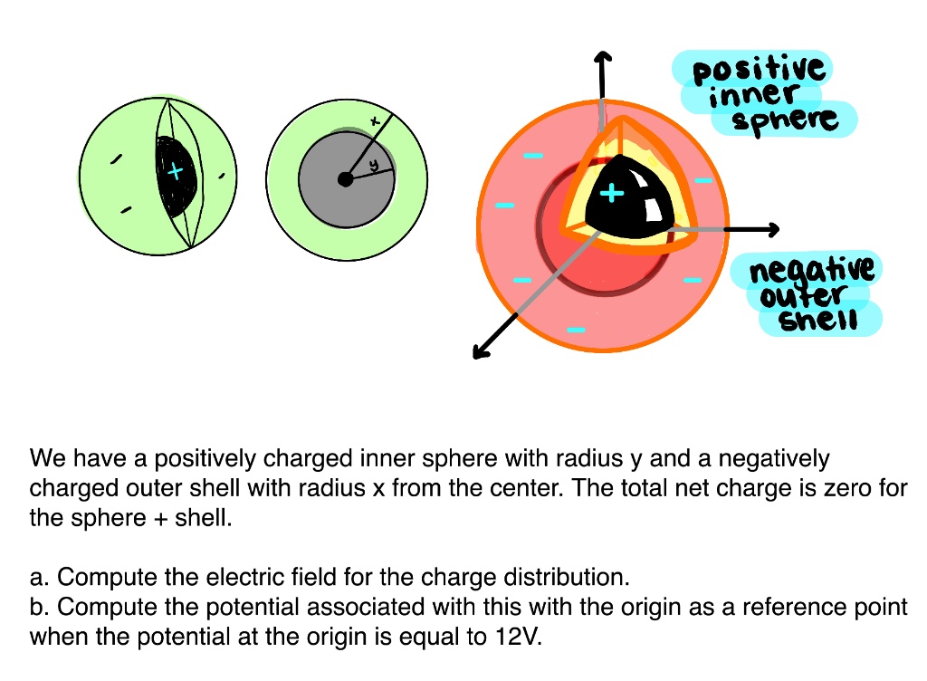 We have a positively charged inner sphere with radius y and a ...