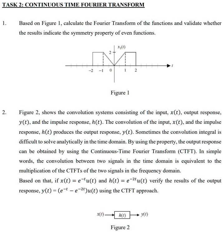 TASK 2: CONTINUOUS TIME FOURIER TRANSFORM 1. Based on Figure 1, calculate the Fourier Transform ...