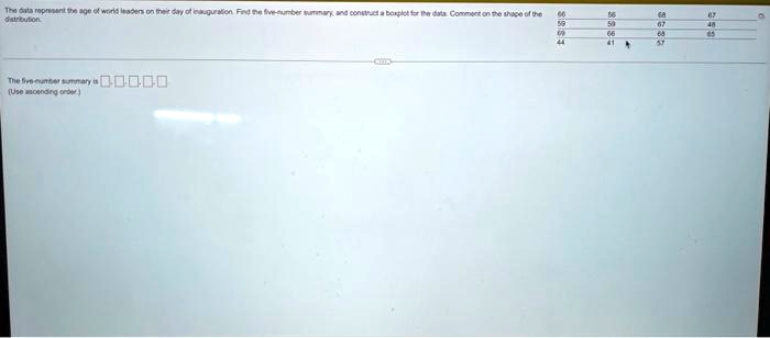 SOLVED: The data represents the age of world leaders on their day of inauguration. Find the five ...