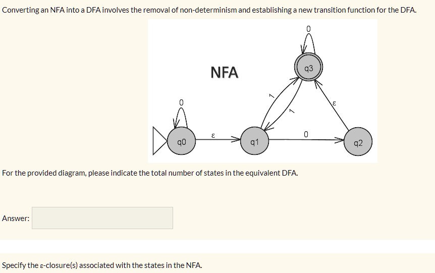 SOLVED: Converting an NFA into a DFA involves the removal of non-determinism and establishing a ...