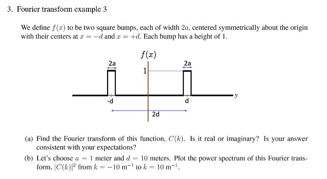 SOLVED: Fourier transform example 3 with their centers at x = -d and x = +d. Each bump has a ...