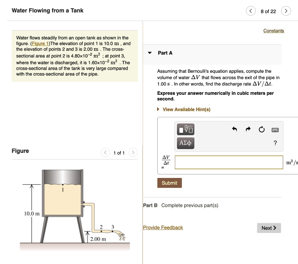 SOLVED: Water Flowing from a Tank 8 of 22 Constants Water flows ...