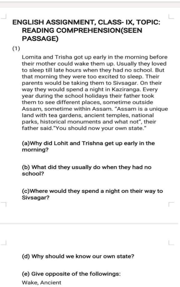 ENGLISH ASSIGNMENT, CLASS- IX, TOPIC: READING...