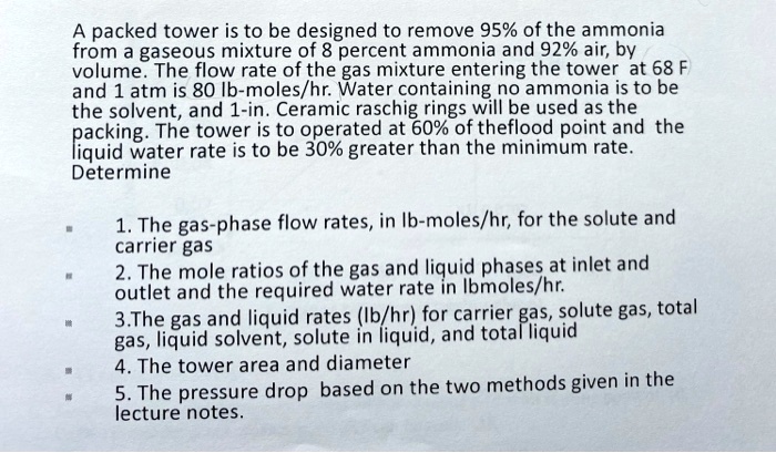 A packed tower is to be designed to remove 95% of the ammonia from a ...