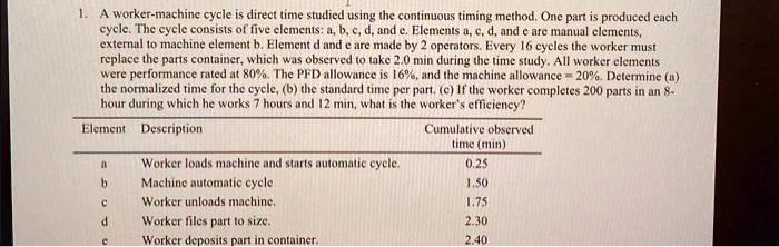 SOLVED: 1.A worker-machine cycle is direct time studied using the continuous timing method. One ...