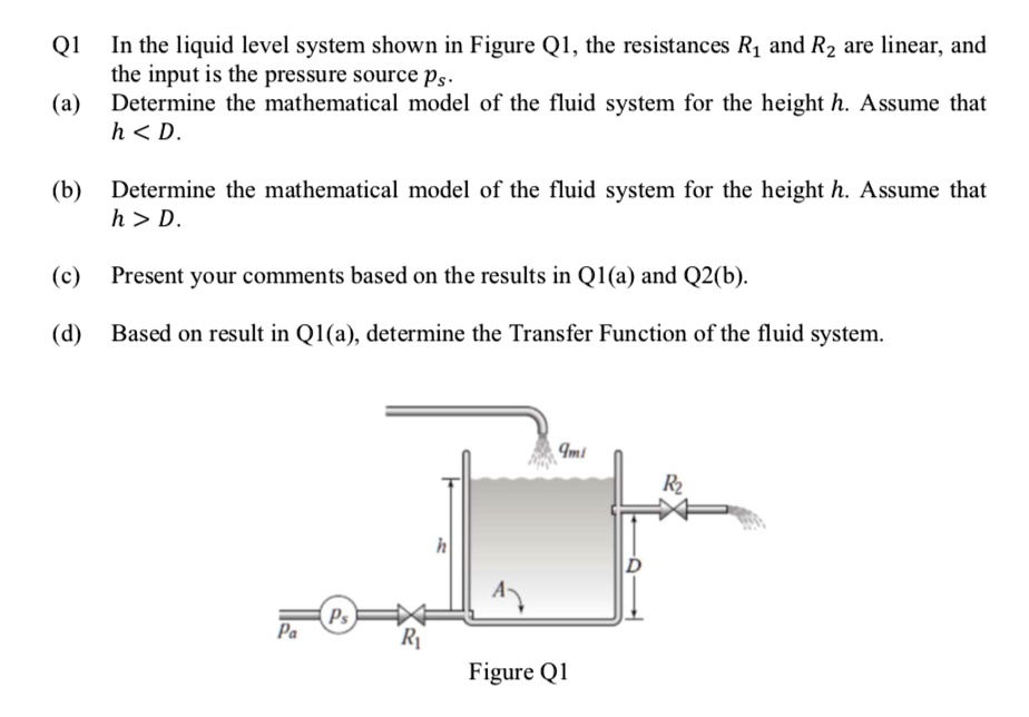 SOLVED: In the liquid level system shown in Figure Q1, the resistances R1 and R2 are linear, and ...