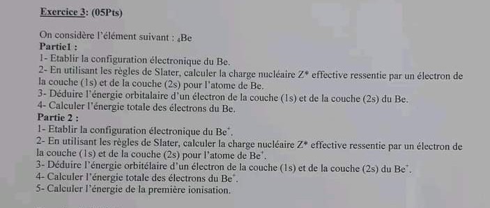 SOLVED: Exercice 3: (05Pts) On considère l'élément suivant : 4Be ...