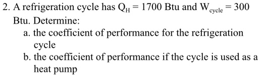 SOLVED: A refrigeration cycle has Q = 1700 Btu and Wcycle = 300 Btu ...