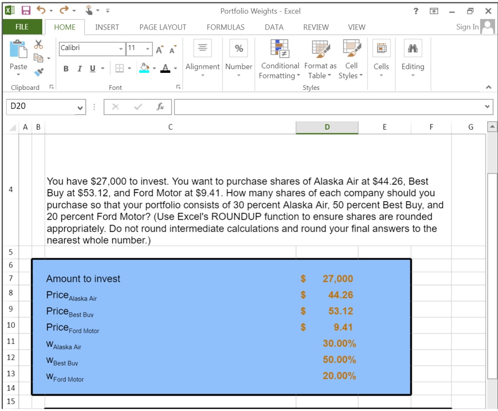 Solved D 3 Portfolio Weights Excel X File Home Insert Page Layout Formulas Data
