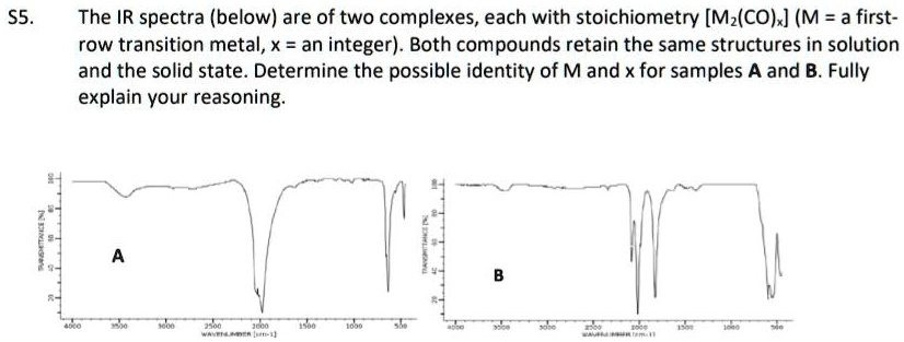 SOLVED: S5. The IR spectra (below) are of two complexes, each with stoichiometry [Mx(CO)y] (M ...