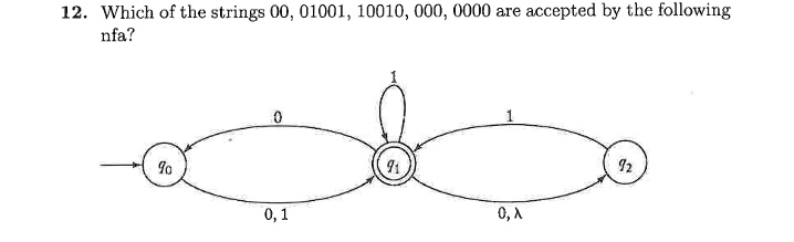 12. Which of the strings 00, 01001, 10010, 000, 0000 are accepted by ...
