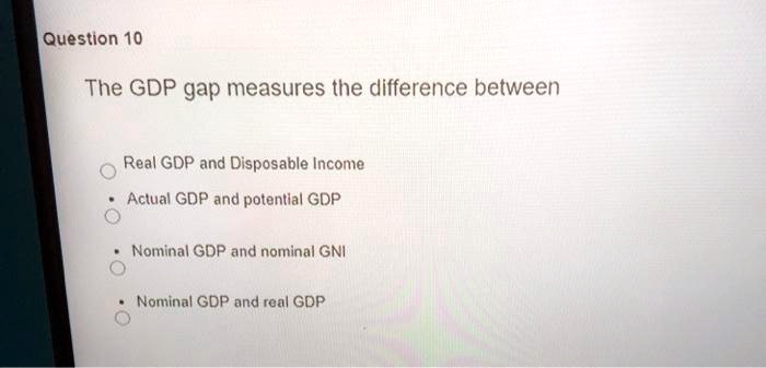 SOLVED: Question 10 The GDP gap measures the difference between Real ...