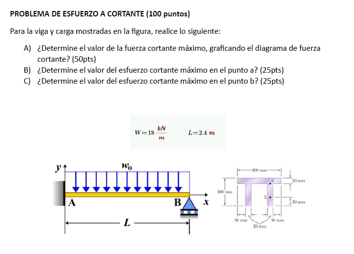 problema de esfuerzo a cortante 100 puntos para la viga y carga mostradas en la figura realice ...