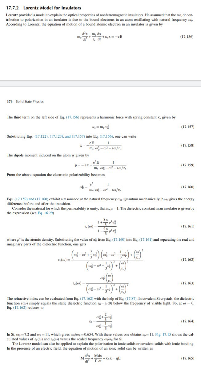 17.7.2 Lorentz Model for Insulators Lorentz provided a model...