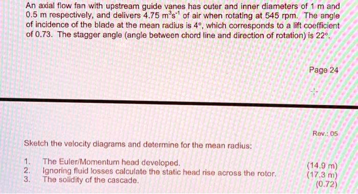 SOLVED: An axial flow fan with upstream guide vanes has outer and inner ...
