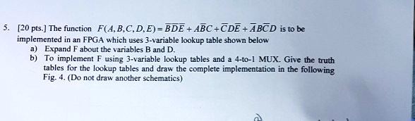 SOLVED: The function FA,B,C,D,E = BDE + ABC + CDE + ABCD is to be implemented in an FPGA which ...