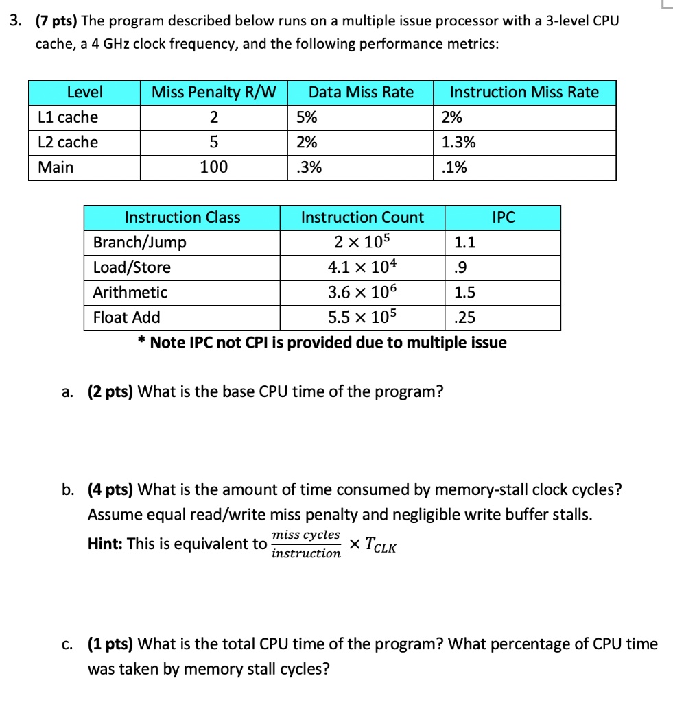 3. (7 pts) The program described below runs on a multiple issue processor with a 3-level CPU ...