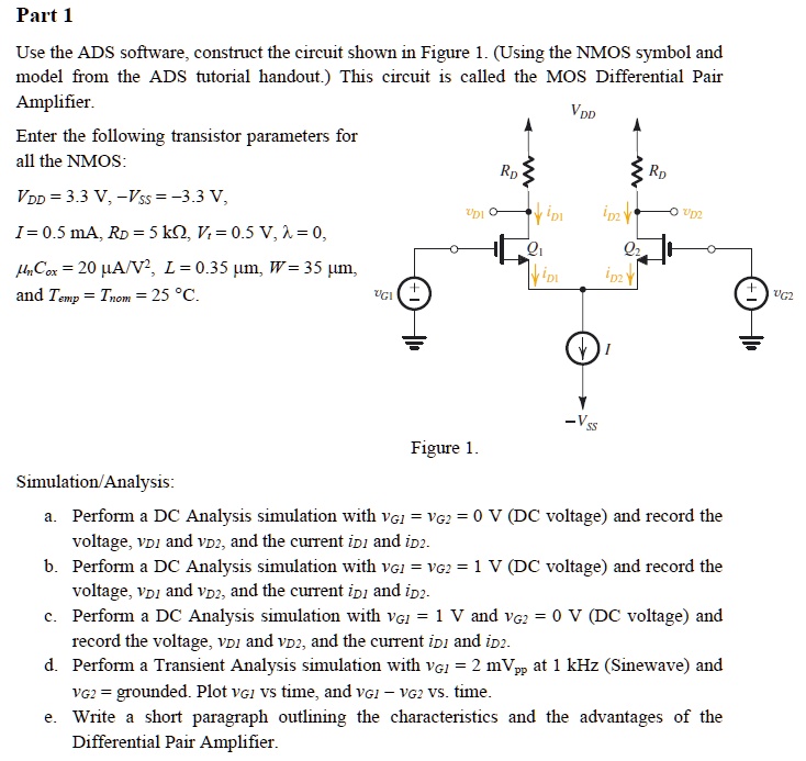 part 1 use the ads software constiuct the circuit shown 1 figure using the nmos symbol and model ...