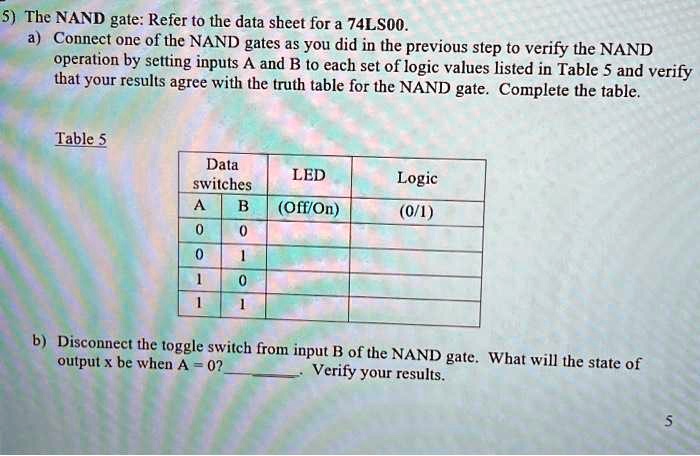 SOLVED: 5) The NAND gate: Refer to the data sheet for a 74LS00. Connect ...