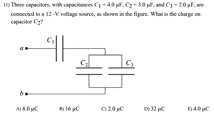 SOLVED: 11) Three capacitors, with capacitances C1 = 4.0 pF, C2 = 3.0 ...
