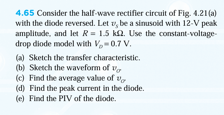 4.65 Consider the half-wave rectifier circuit of Fig. 4.21 (a) with the ...