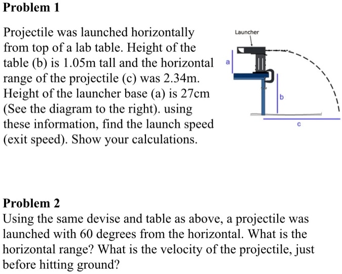 SOLVED:Problem 1 Projectile was launched horizontally from top of a lab table Height of the ...