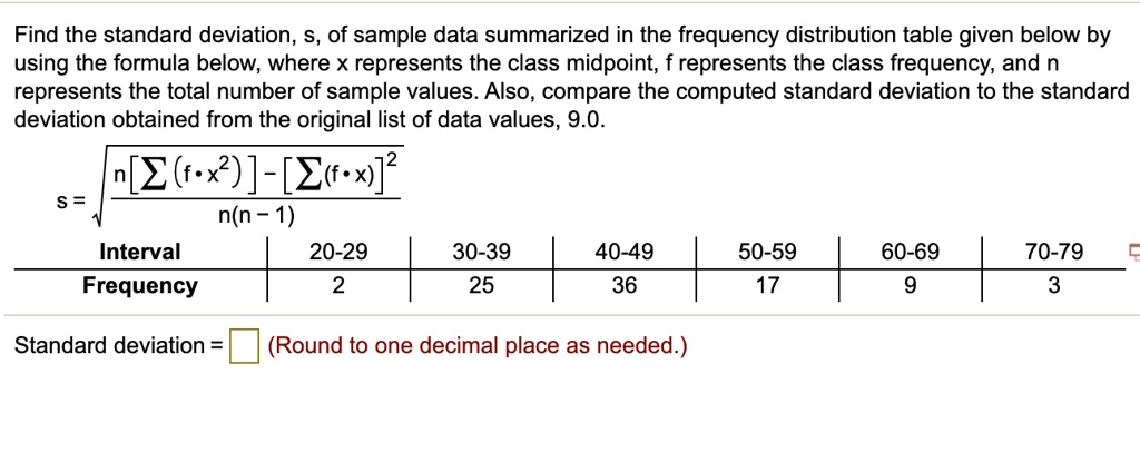 SOLVED: Find the standard deviation, , of sample data summarized in the frequency distribution ...