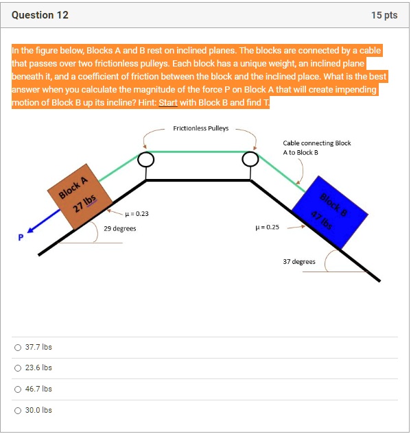 SOLVED: In the figure below, Blocks A and B rest on inclined planes. The blocks are connected by ...