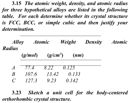 3.15 The atomic weight, density, and atomic radius for three hypothetical alloys are listed in ...