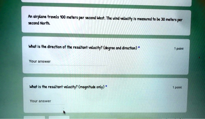 SOLVED: An airplane travels 100 meters per second West. The wind ...