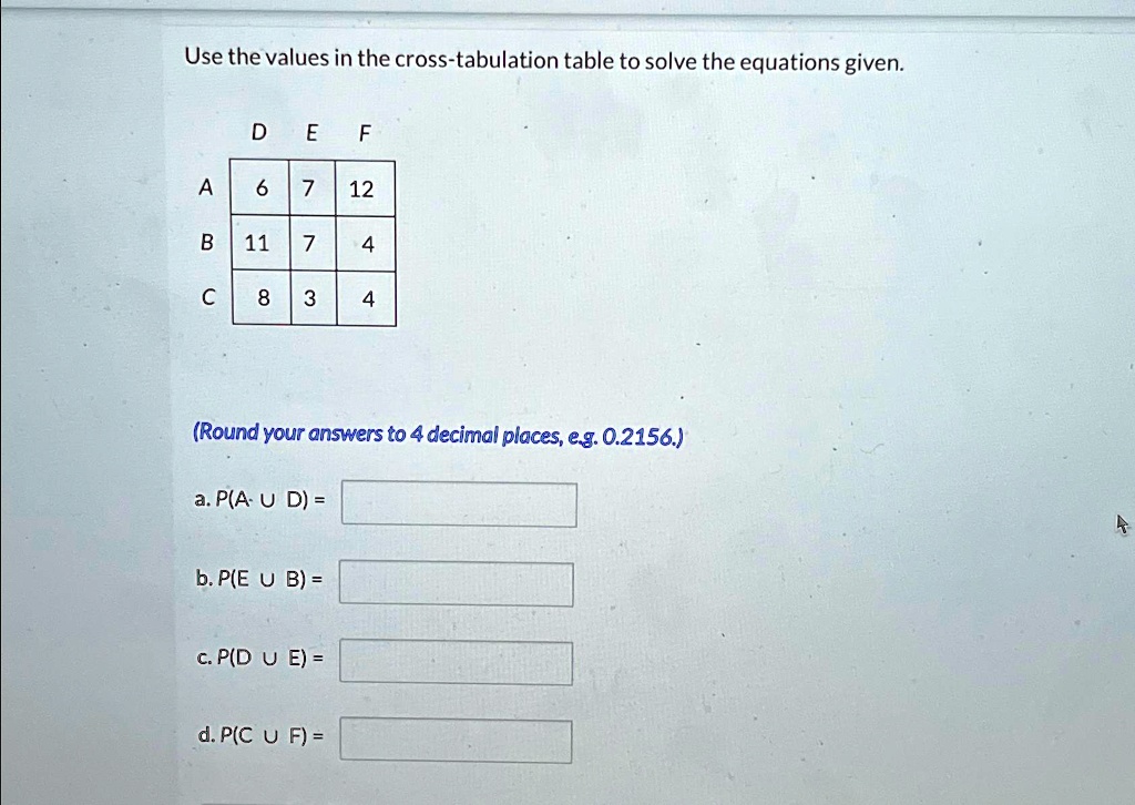 SOLVED: Use the values in the cross-tabulation table to solve the ... SOLVED: Use the values in the cross-tabulation table to solve the ...