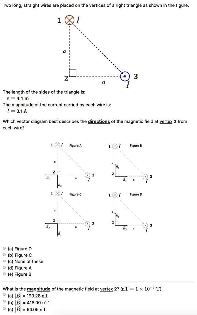 two long straight wires are placed on the vertices of right triangle as ...
