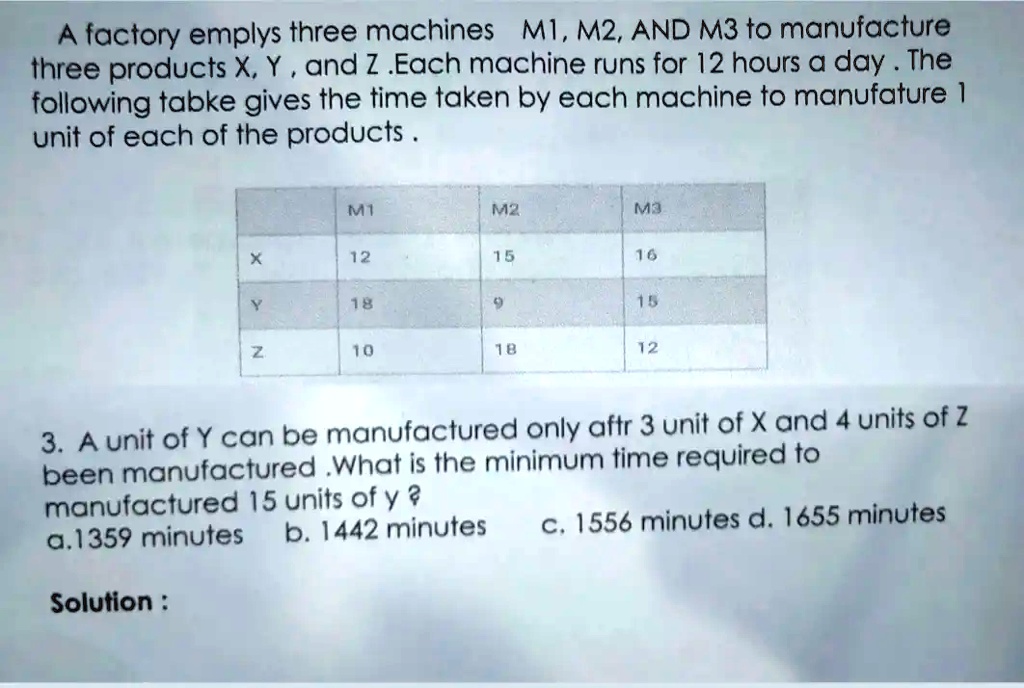 A factory emplys three machines M1, M2, AND M3 to manufacture three ...