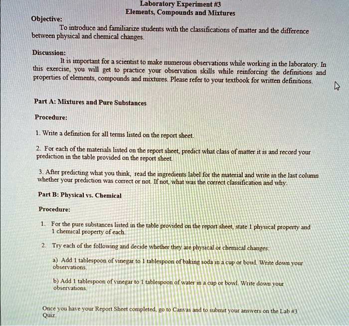 SOLVED: Laboratory Experiment #3 Elements, Compounds, and Mixtures Objective: To introduce and ...
