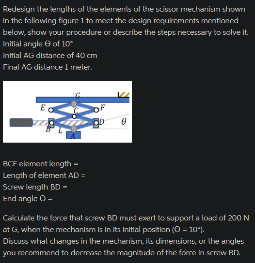 Redesign the lengths of the elements of the scissor mechanism shown in ...