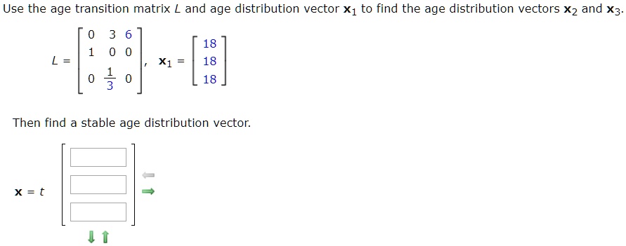 Use the age transition matrix L and age distribution vector x1 to find ...
