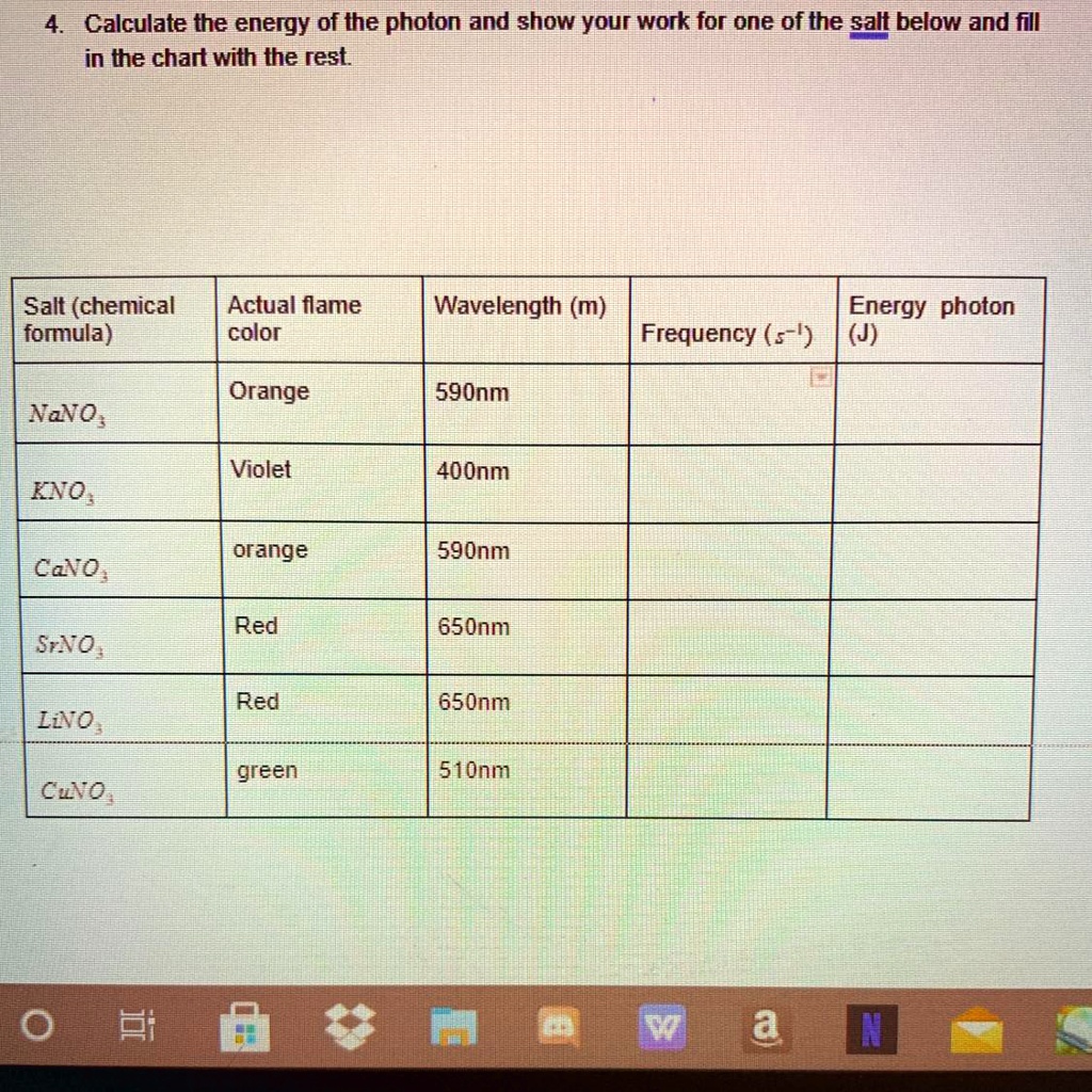 4. Calculate the energy of the photon and show your work for one of the ...