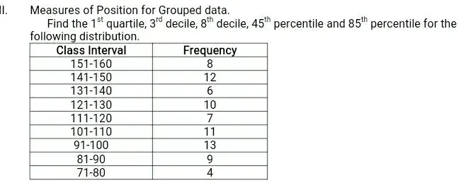 Measures of Position for Grouped data Find the 1s quartile; 3rd decile, 8"h decile, 45 ...