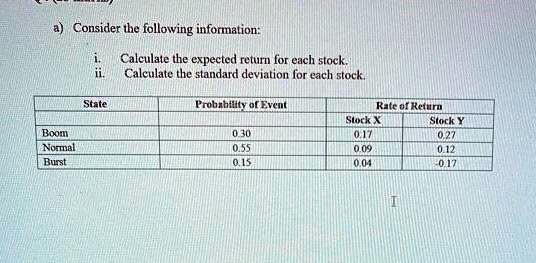 a) Consider the following information: i. Calculate the expected return for each stock. ii ...