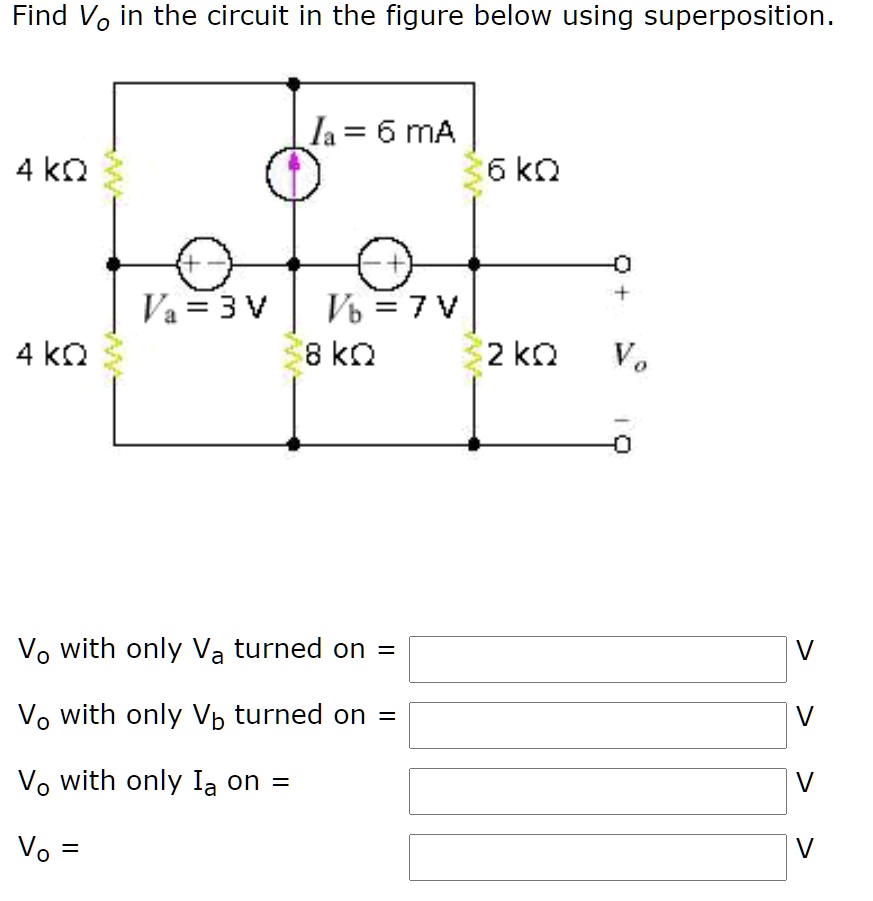Find Vo in the circuit in the figure below using superposition.4 kΩ 4 kΩ + Va = 3 V Ia = 6 mA 6 ...