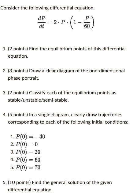SOLVED: Consider the following differential equation: dP = 2P. 1. (2 ...