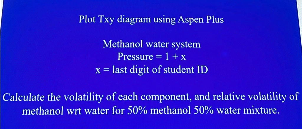 Plot Txy diagram using Aspen Plus Methanol water system Pressure = 1 + x x = last digit of ...