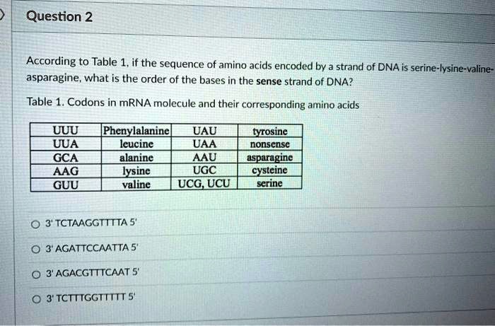 SOLVED: According to Table 1, if the sequence of amino acids encoded by ...